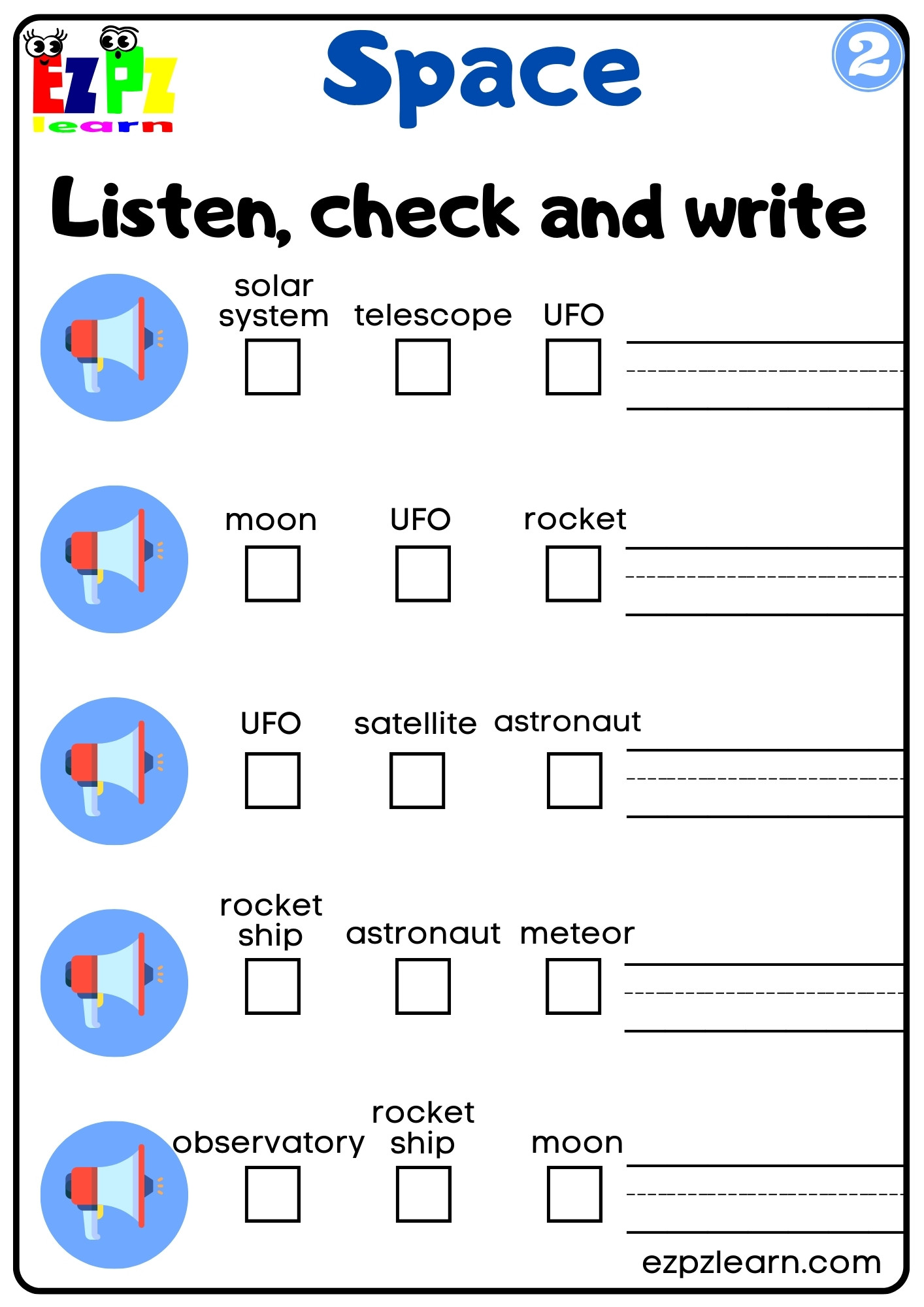 Space Vocabulary Interactive Worksheet Listen, Check and Write the Words Activity for Children ...
